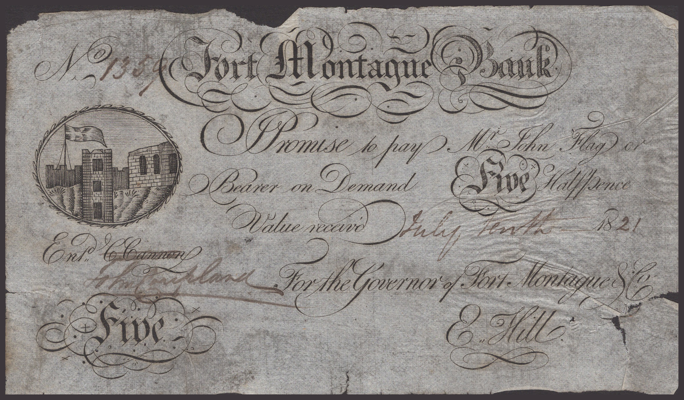 Fort Montague Bank, 5 Half Pence, 10 July 1821, serial number 1359 ...