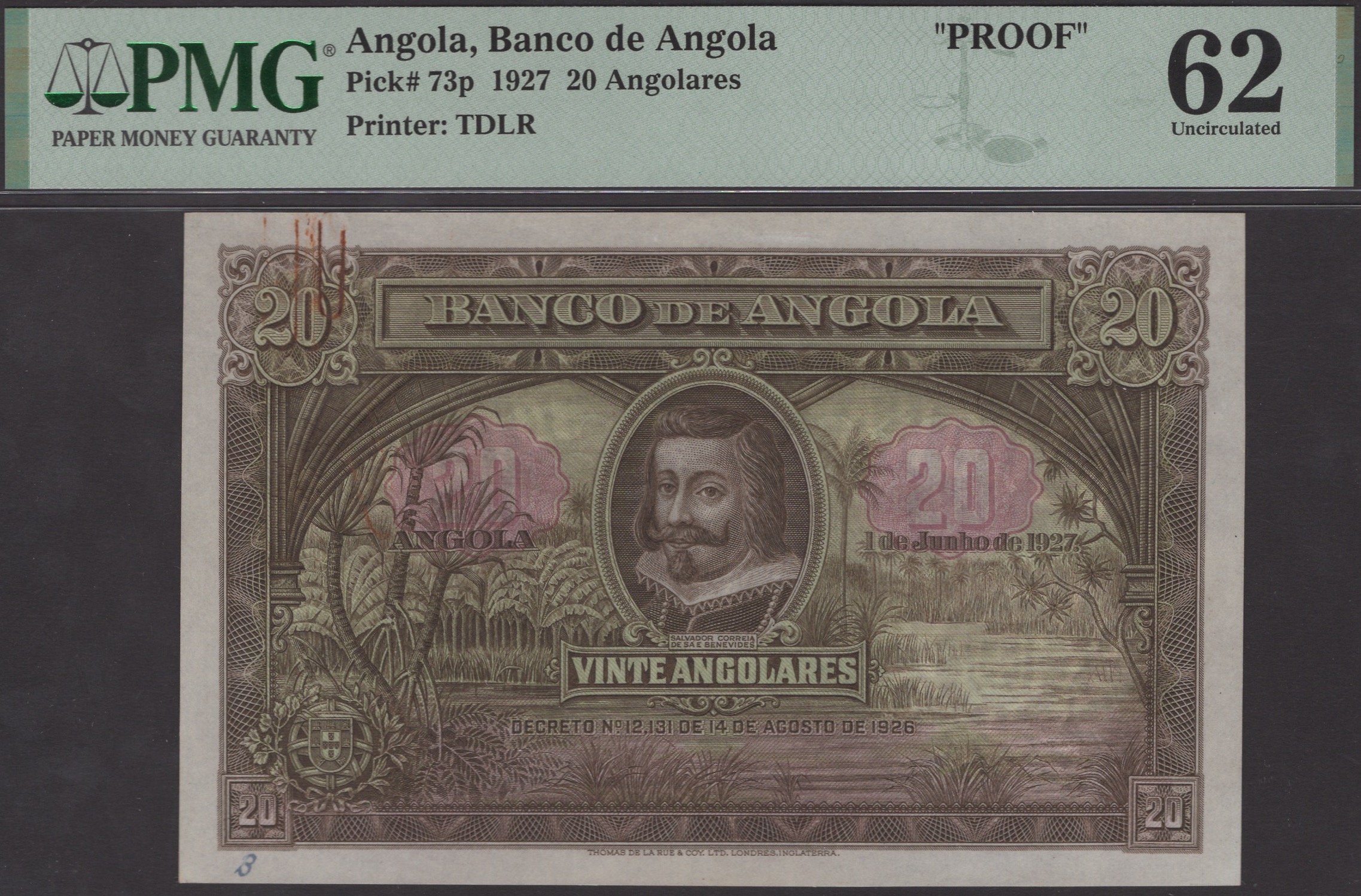Banco de Angola, colour trial 20 Angolares, 1 June 1927, no serial ...