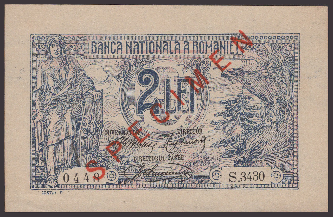Banca Nationala a Romaniei, specimen 2 Lei, 17 July 1920, serial number ...