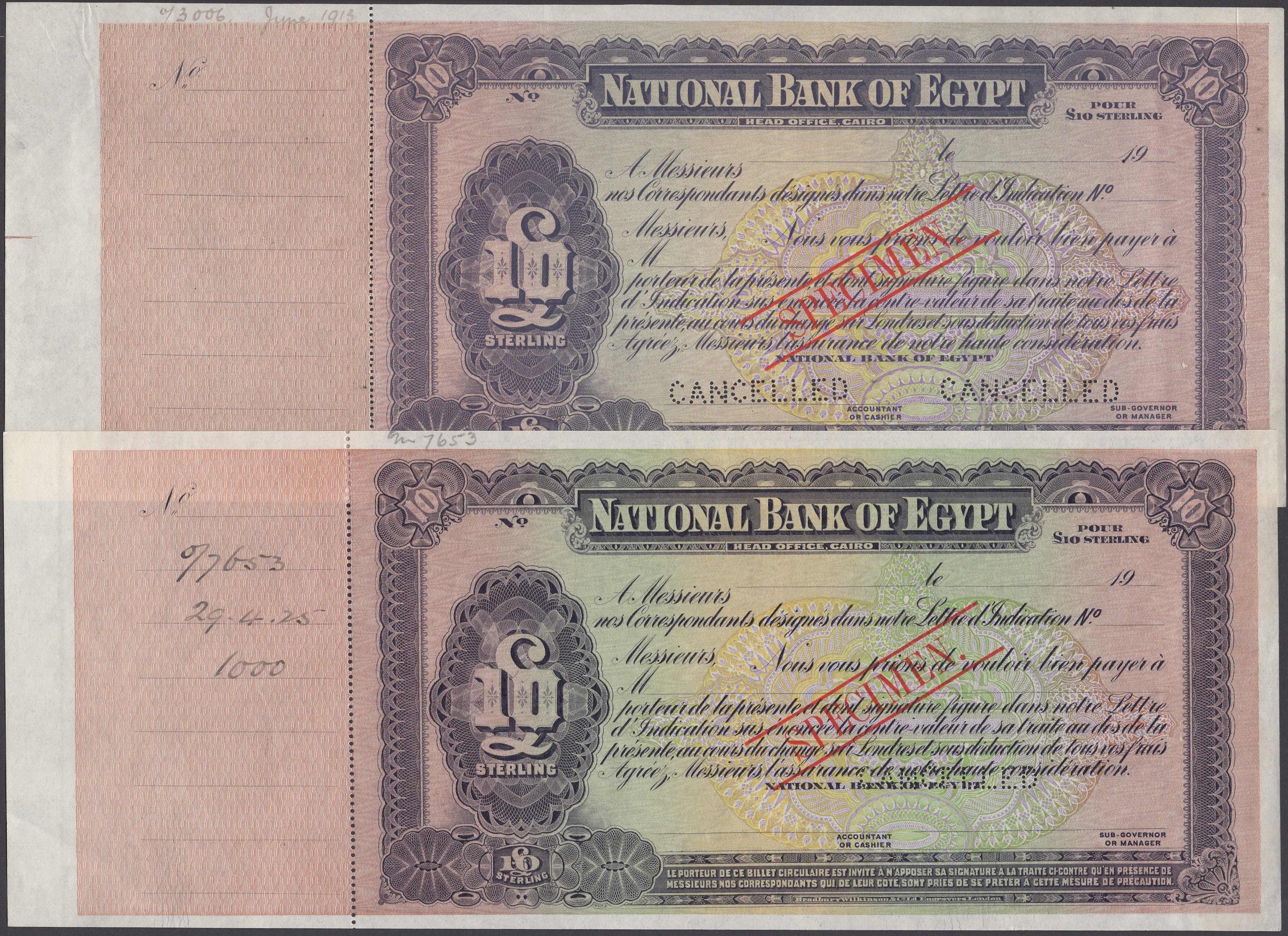 National Bank of Egypt, printers archival specimens for cheques to ...