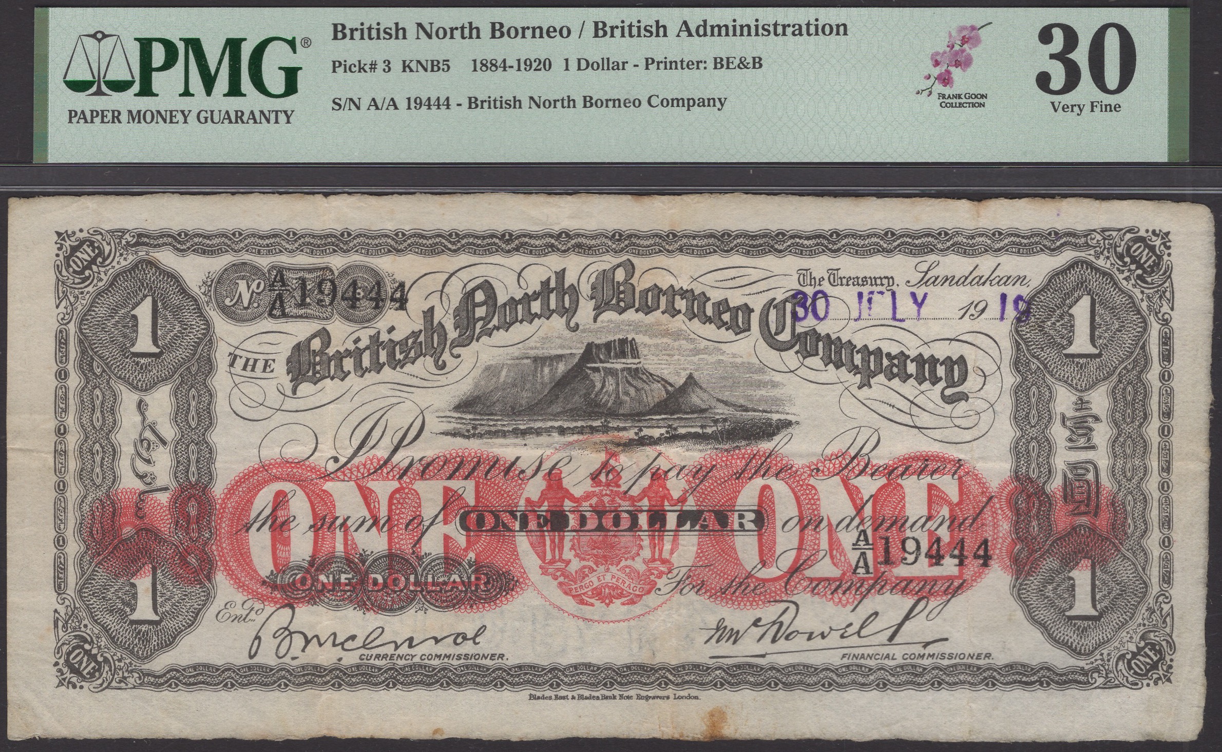 British North Borneo Company, $1, 30 July 1919, serial number A/A ...