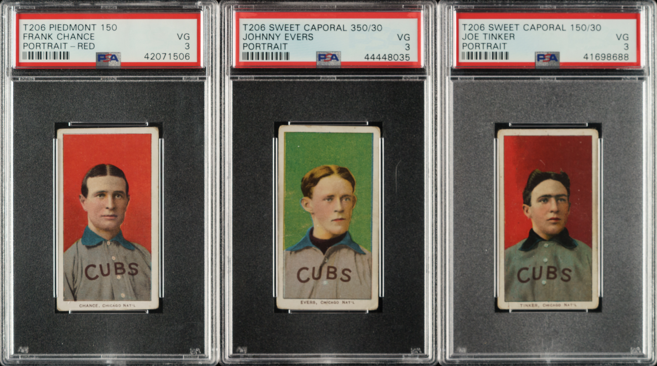 1909-1911 T206 White Border Joe Tinker, Johnny Evers, and Frank Chance | Barnebys