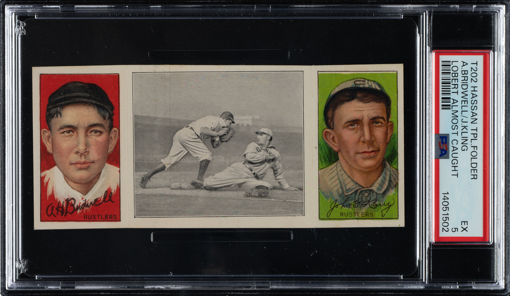 1912 T202 Hassan Triple Folder "Lobert Almost Caught" Bridwell/Kling ...