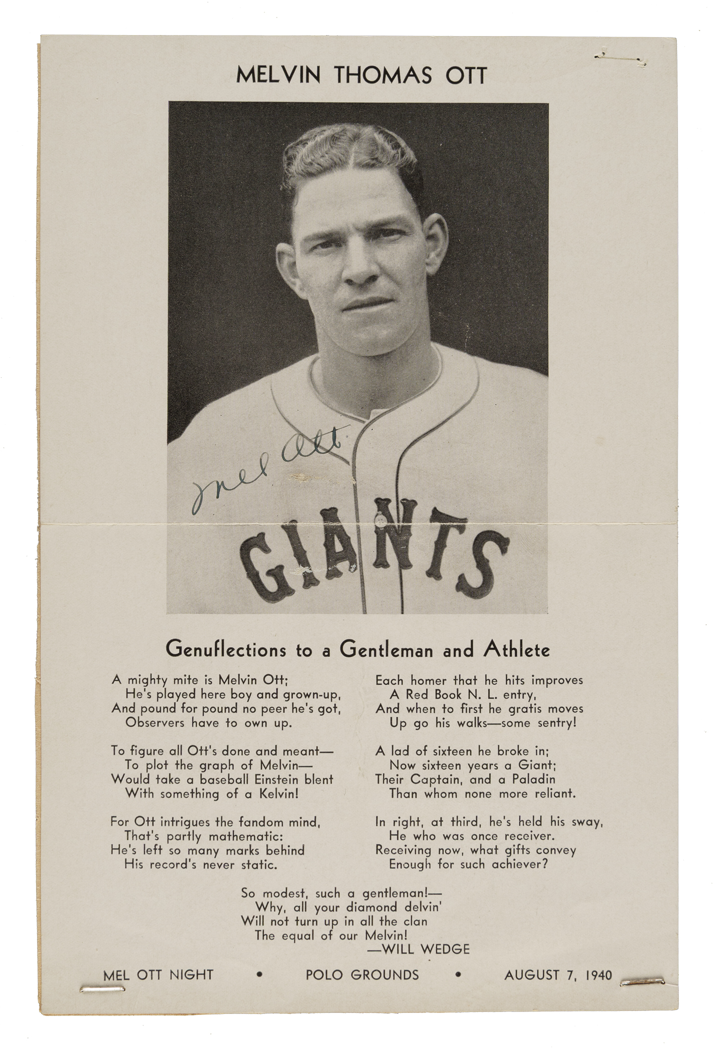 August 7, 1940 Mel Ott Night "Genuflections to a Gentleman and Athlete ...