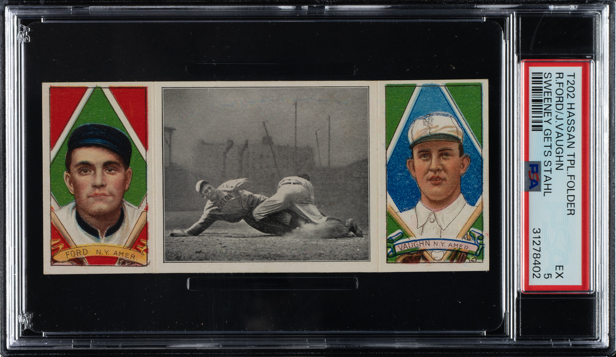 1912 T202 Hassan Triple Folder "Sweeney Gets Stahl" Ford/Vaughn PSA EX ...
