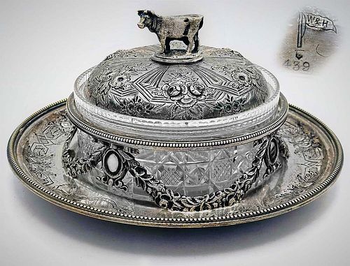 19th C. Lidded Cow Figural Walker & Hall Candy Dish With Cut Crystal ...