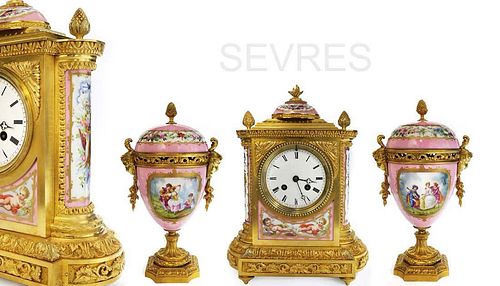19th C. French Hand Painted Pink Sevres Mounted Bronze Clock Set | Barnebys