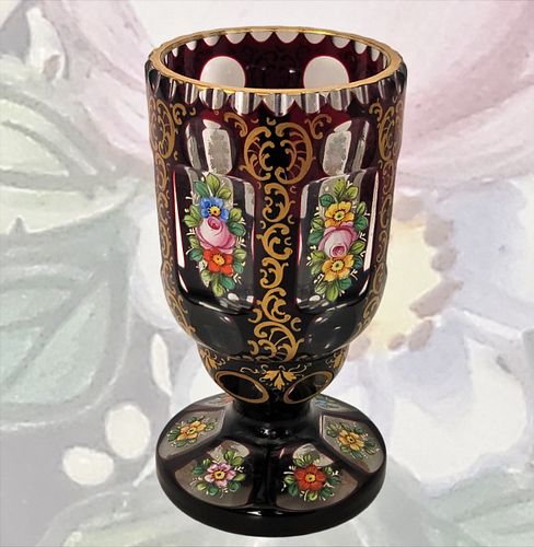 19th C. Bohemian Ruby Red Glass Vase With Enamel Flowers | Barnebys