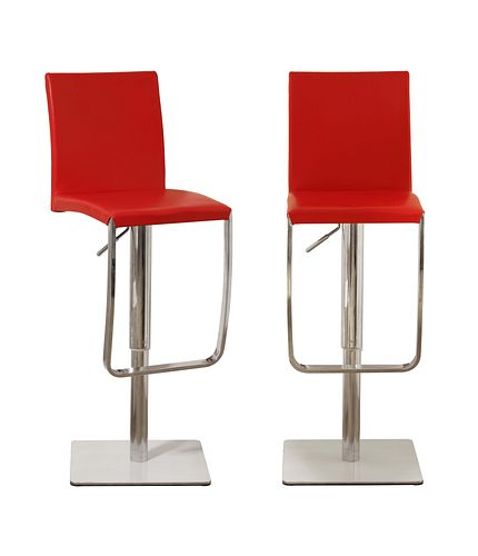 A Pair Of Red Adjustable Modern Bar Stools | Barnebys