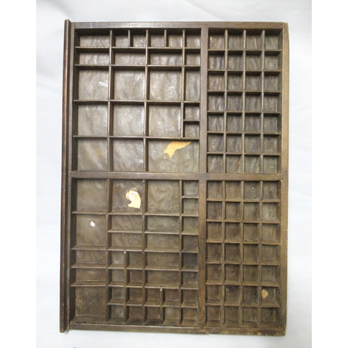 Stained pine printer's type face tray, 48 x 67cm | Barnebys