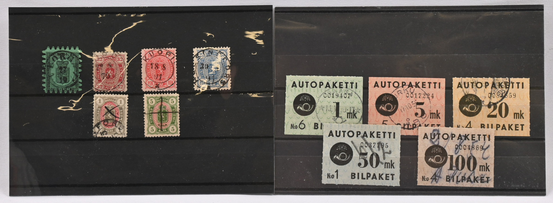 1866 - 1949 stamp lot on two stockcards, eg. issue 1885 5 markka etc ...