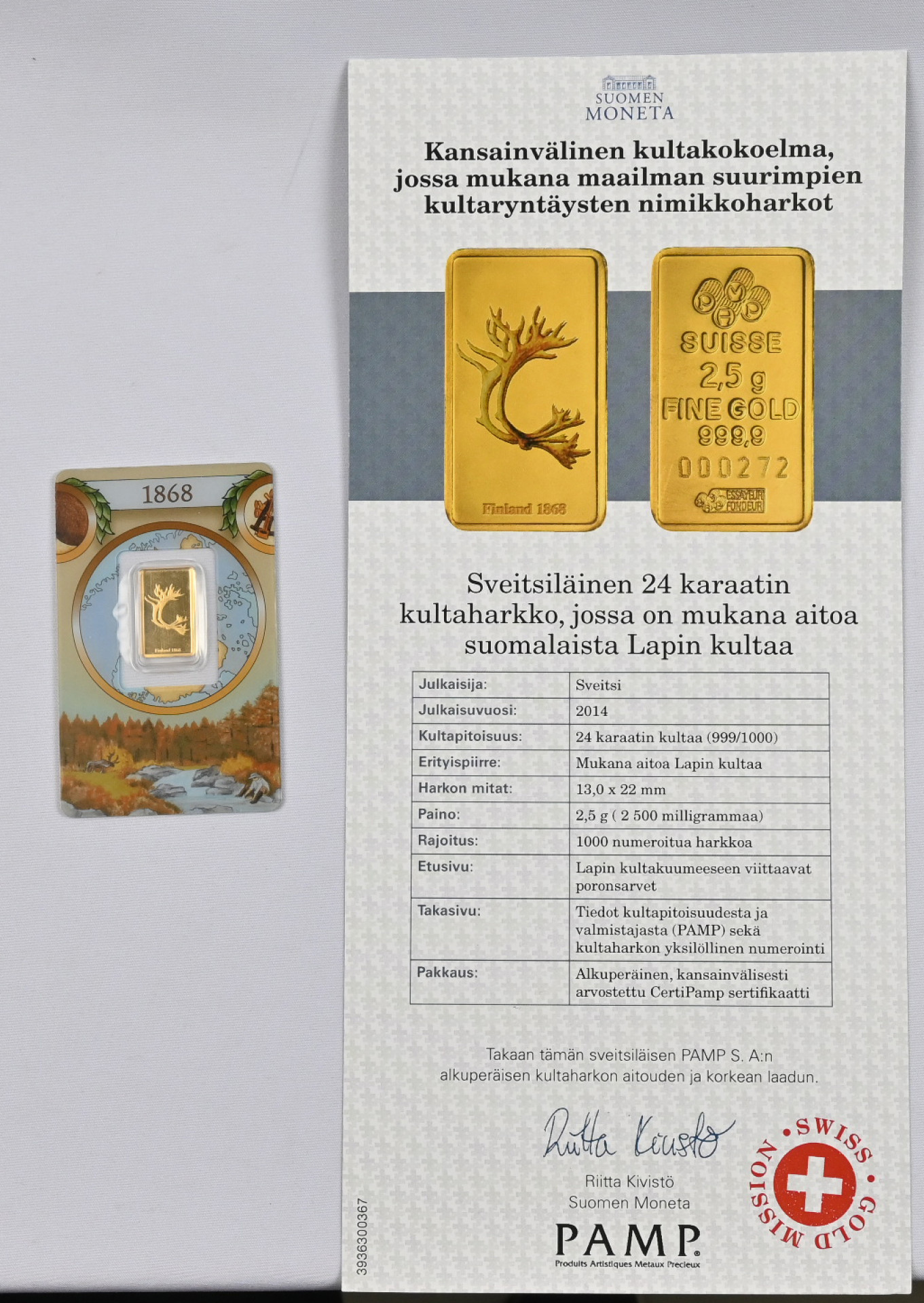 Moneta's numbered gold bar (2½ g) including Lapland gold. Moneta's ...