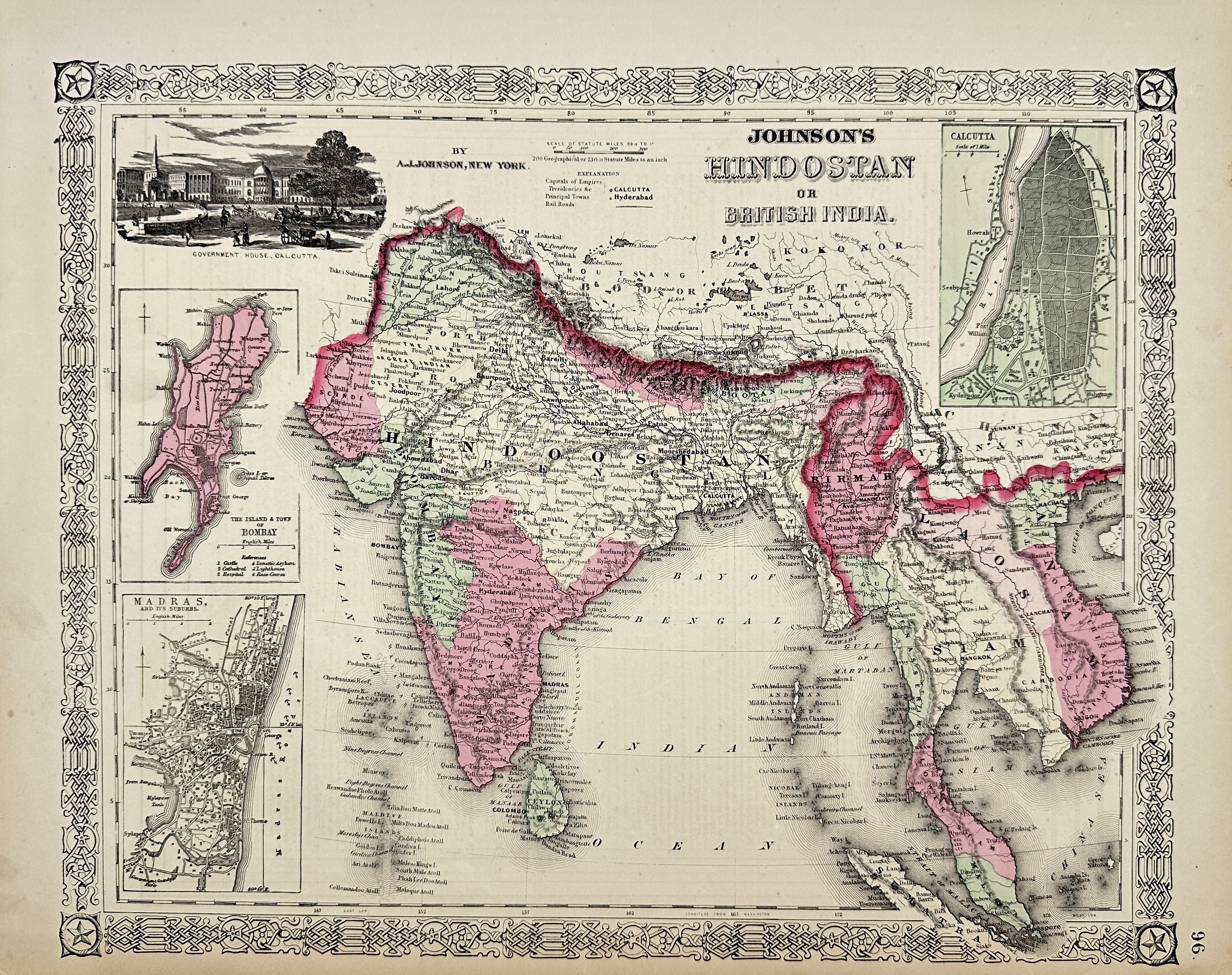 Alvin Jewett Johnson (1827-1884) - Map of India - Johnson's Hindostan ...