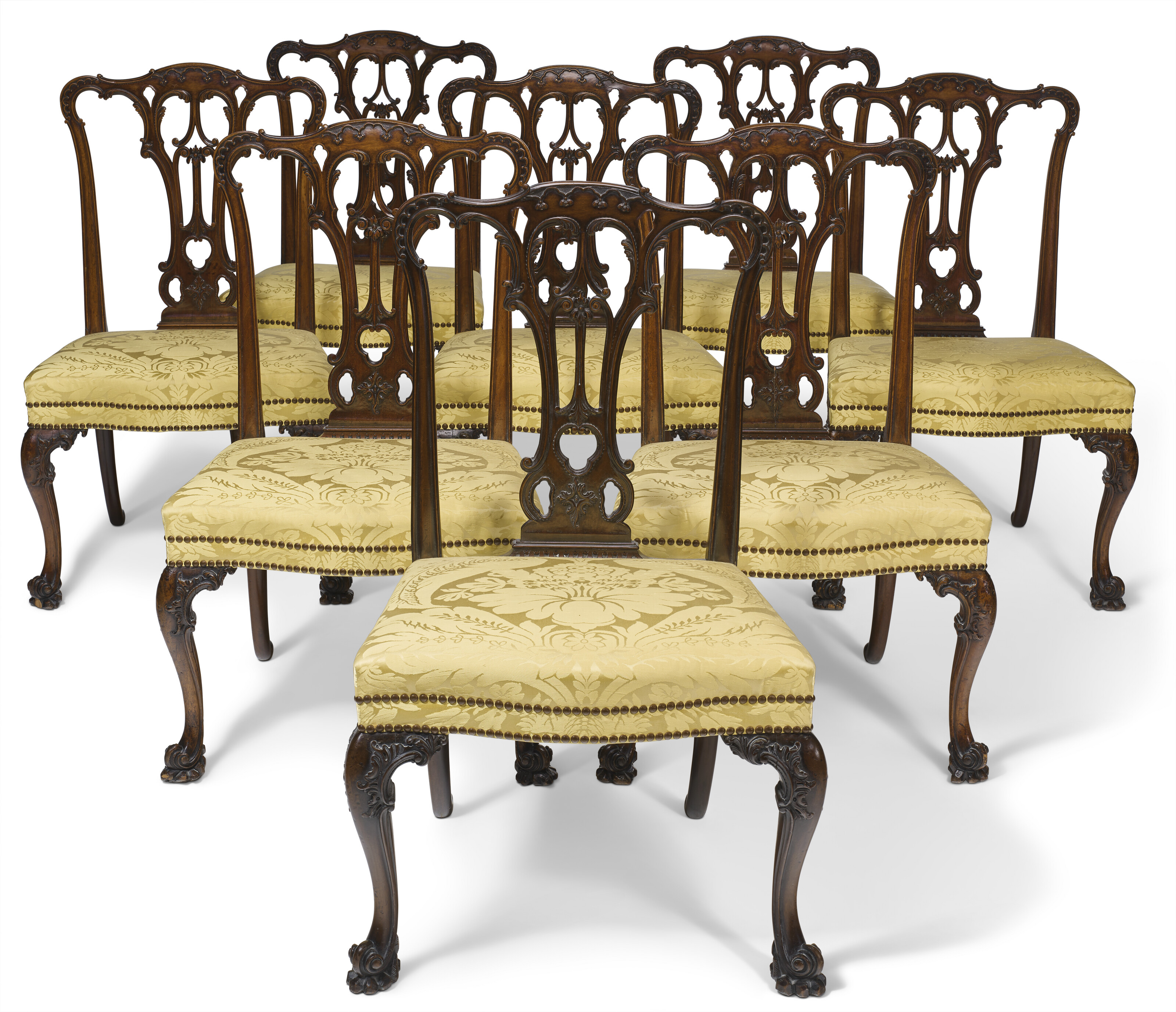 A SET OF SEVEN GEORGE III MAHOGANY DINING CHAIRS, TOGETHER WITH A LATER ...