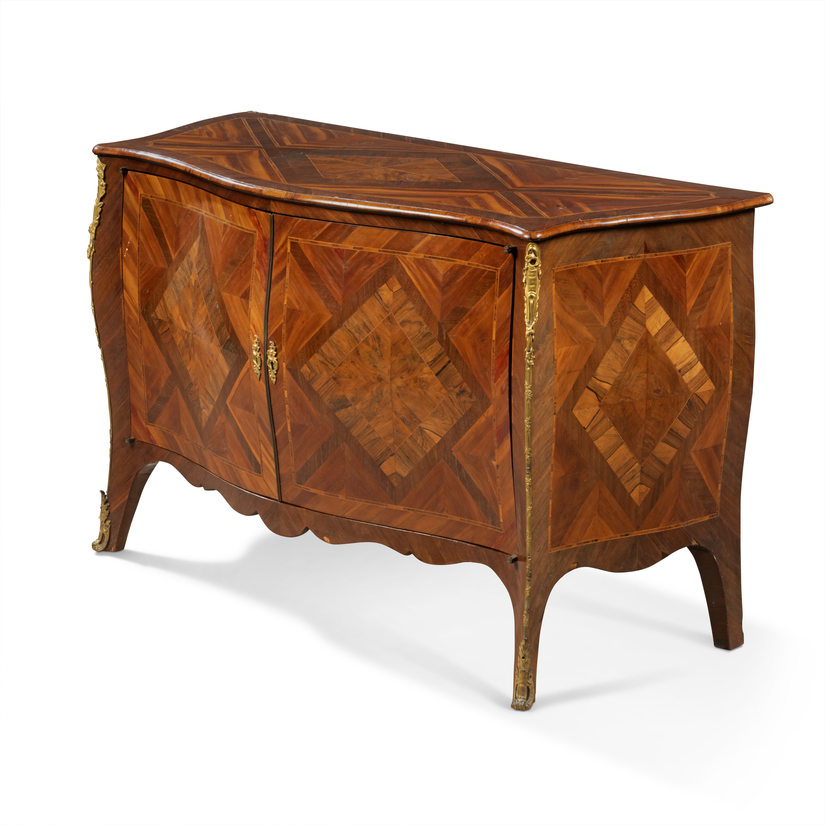 A GEORGE III ORMOLU-MOUNTED YEW-WOOD, ROSEWOOD AND FRUITWOOD SERPENTINE ...