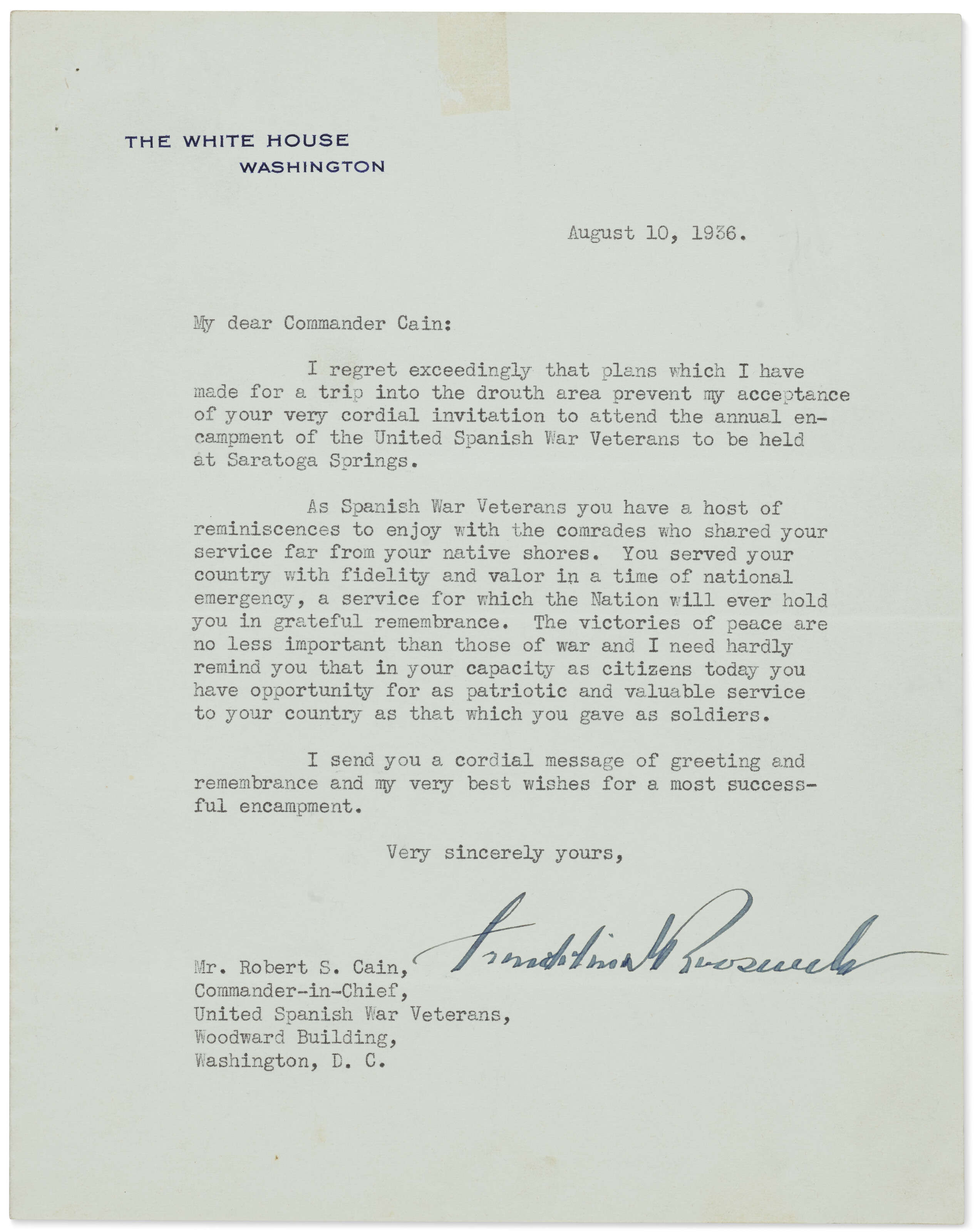 FRANKLIN D. ROOSEVELT (1882-1945) Typed letter signed, 10 August 1936 ...