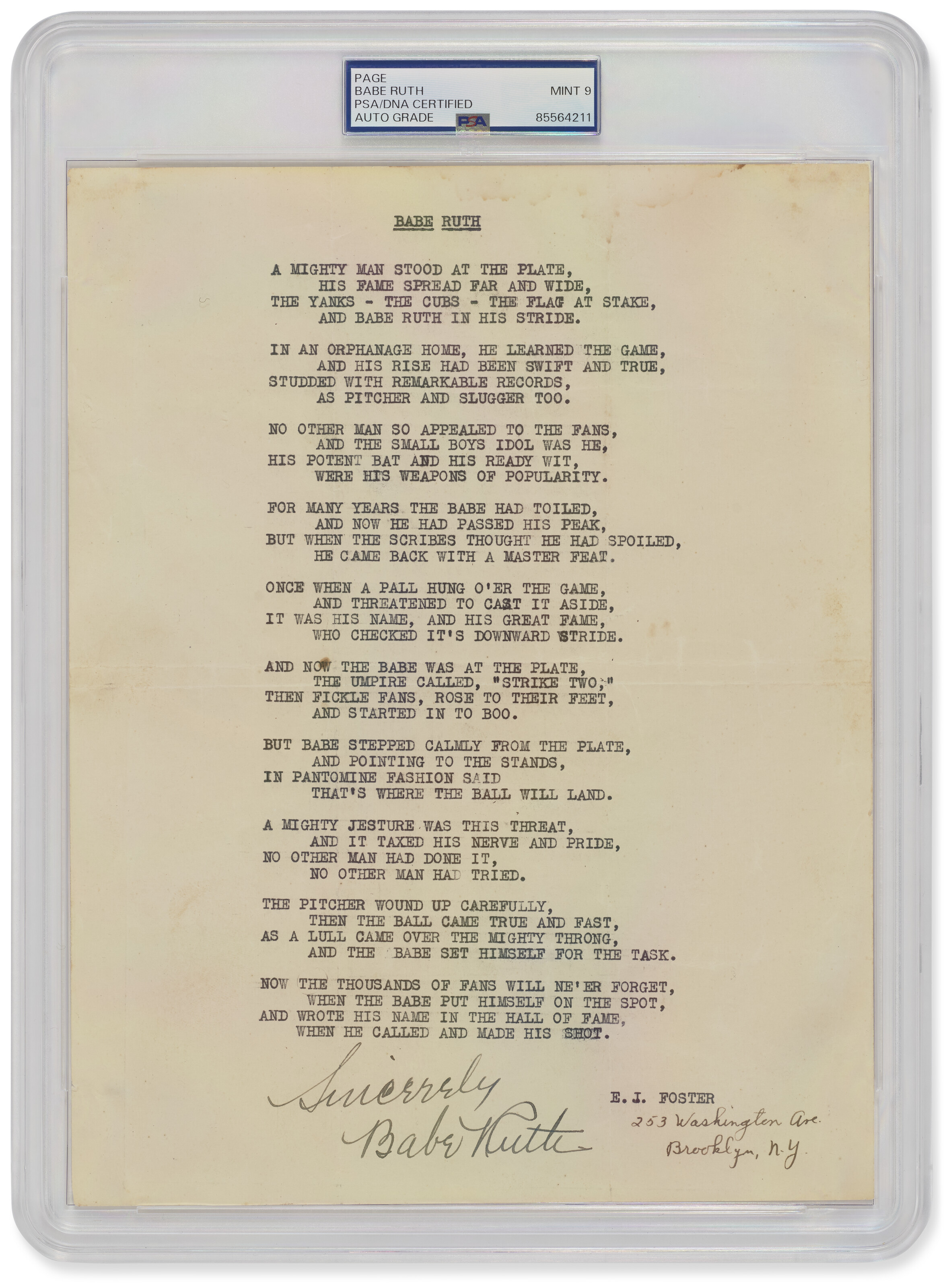 UNIQUE BABE RUTH AUTOGRAPHED POEM RELATED TO THE FAMED "CALLED SHOT ...