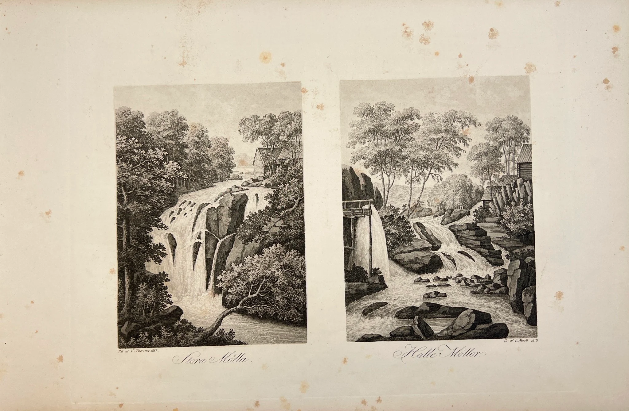Antique Engraving - Ulrik Thersner - View of Stora Molla Waterfall - E3 ...