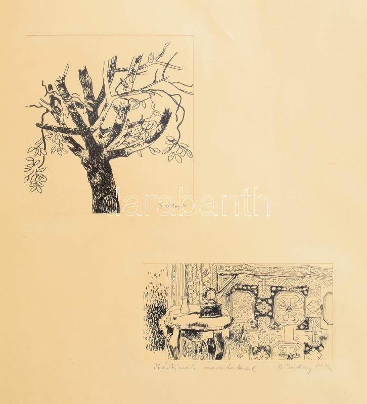 B. Séday Mária (1925-2009), 2 db rajz egy paszpartuban: Enteriőr és fa ...