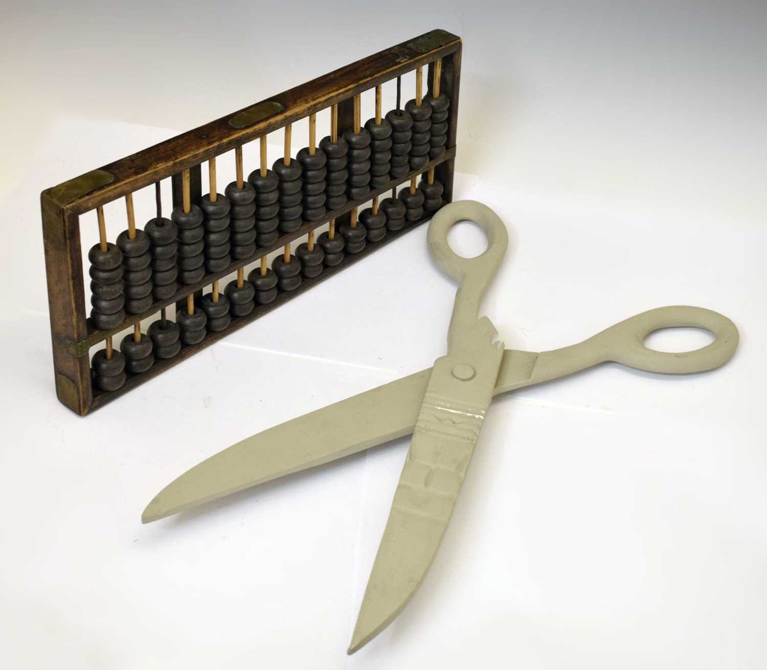 Pair of large painted wood shop display scissors, etc | Barnebys