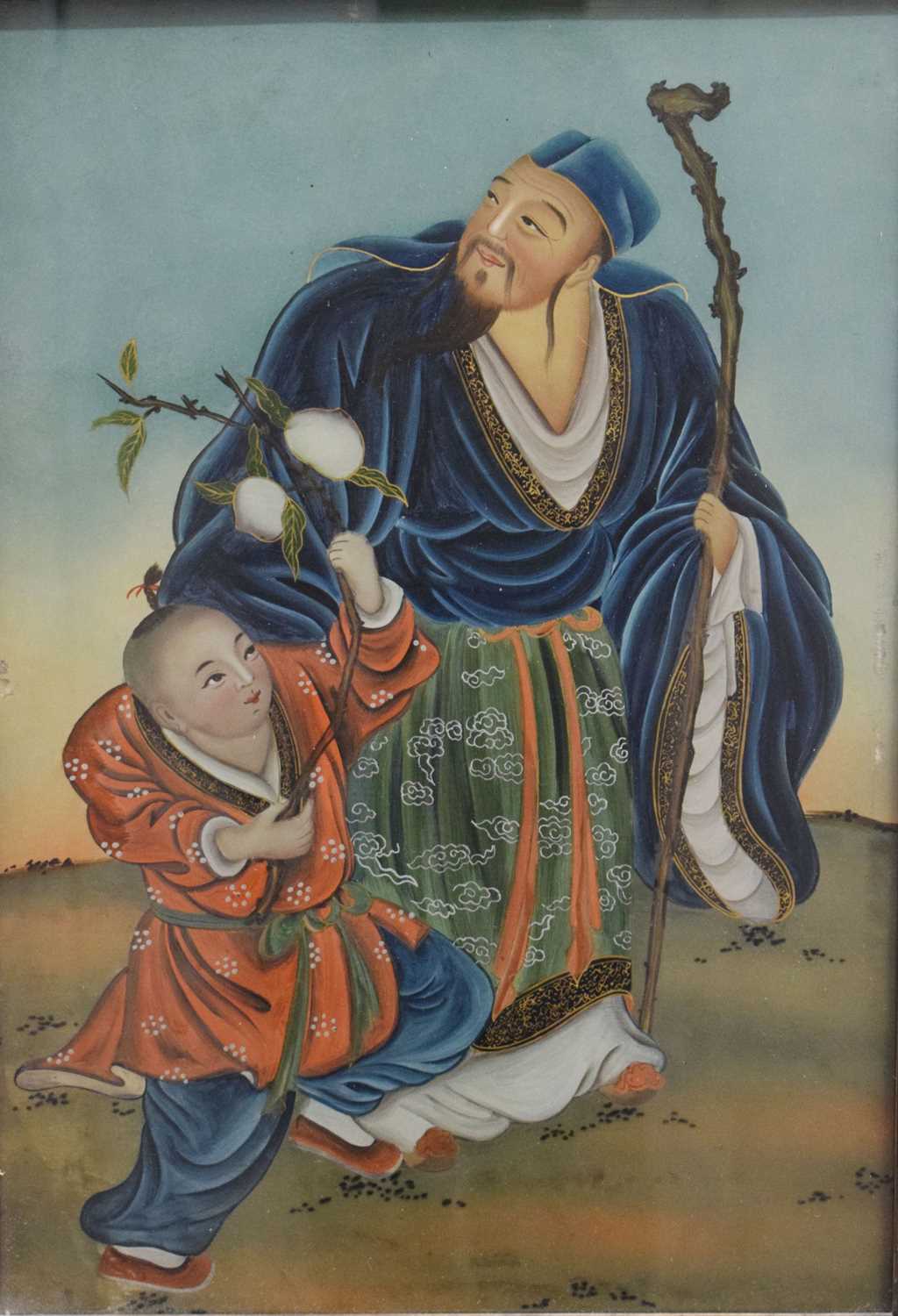 20th century Chinese reverse painted glass panel depicting Shou Lao ...