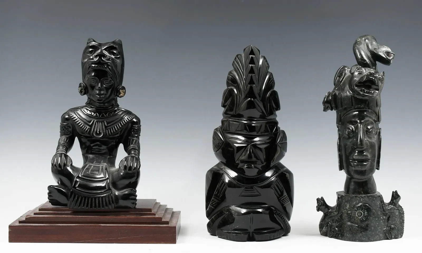 3 PC. CARVED OBSIDIAN AZTEC STYLE FIGURES | Barnebys
