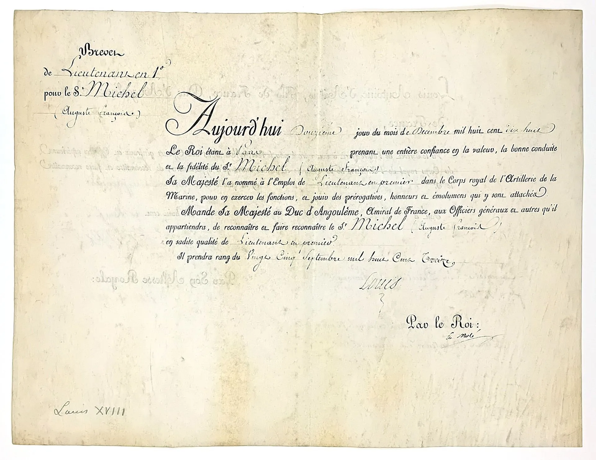 LOUIS XVIII. ARTILLERIE DE LA MARINE - Brevet de Lieutenant - Lot 494 ...