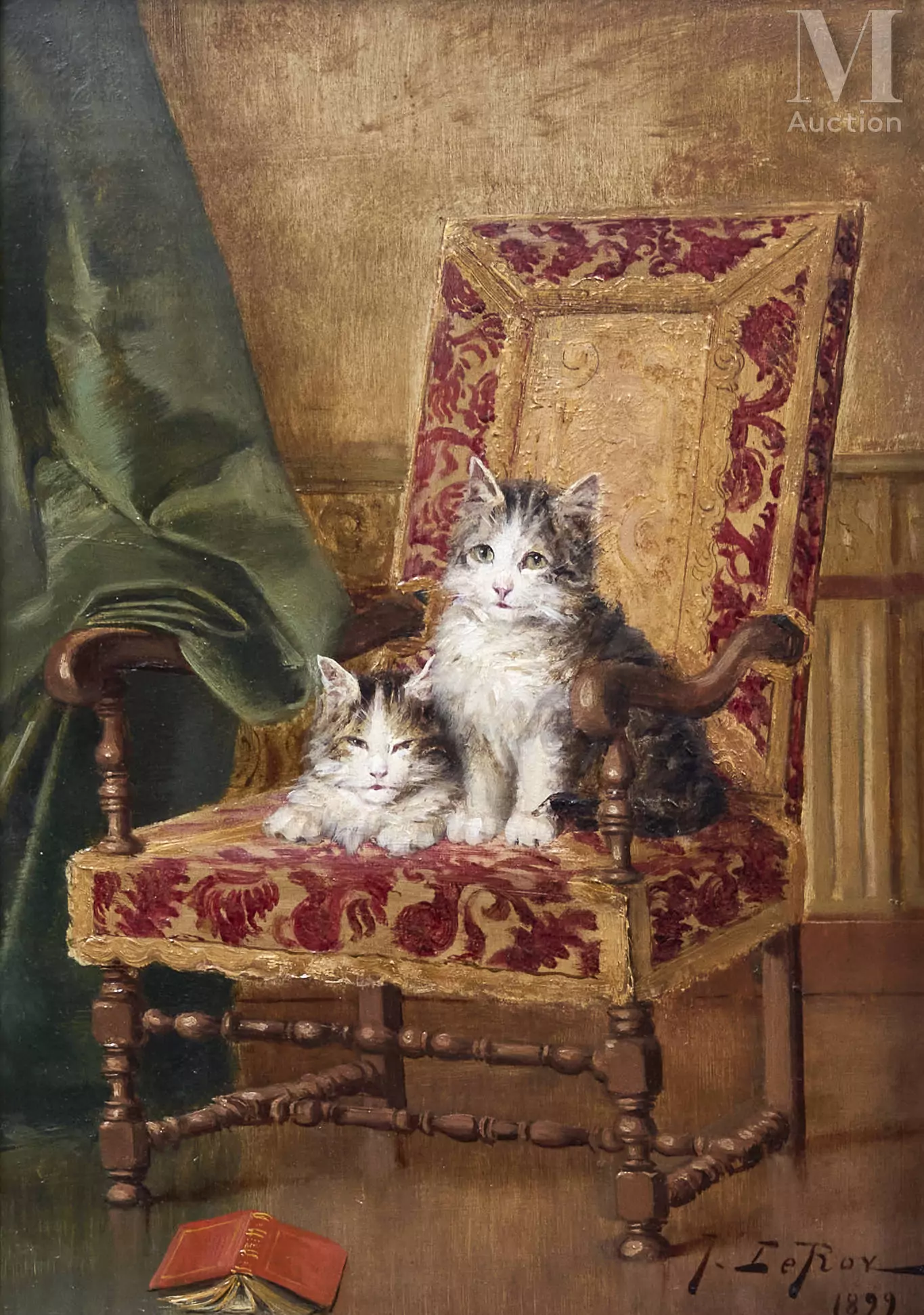 Jules Gustave LE ROY (1856-1921) Chats sur un fauteuil, 1899 | Barnebys