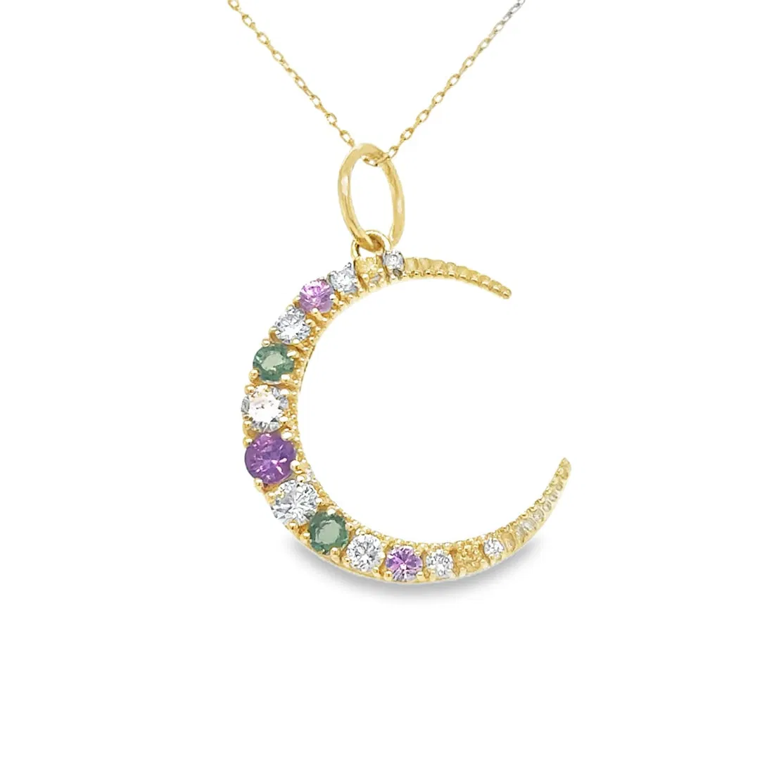 14KT YELLOW GOLD HALF MOON PENDANT WITH MULTI SAPPHIRE AND DIAMONDS ...