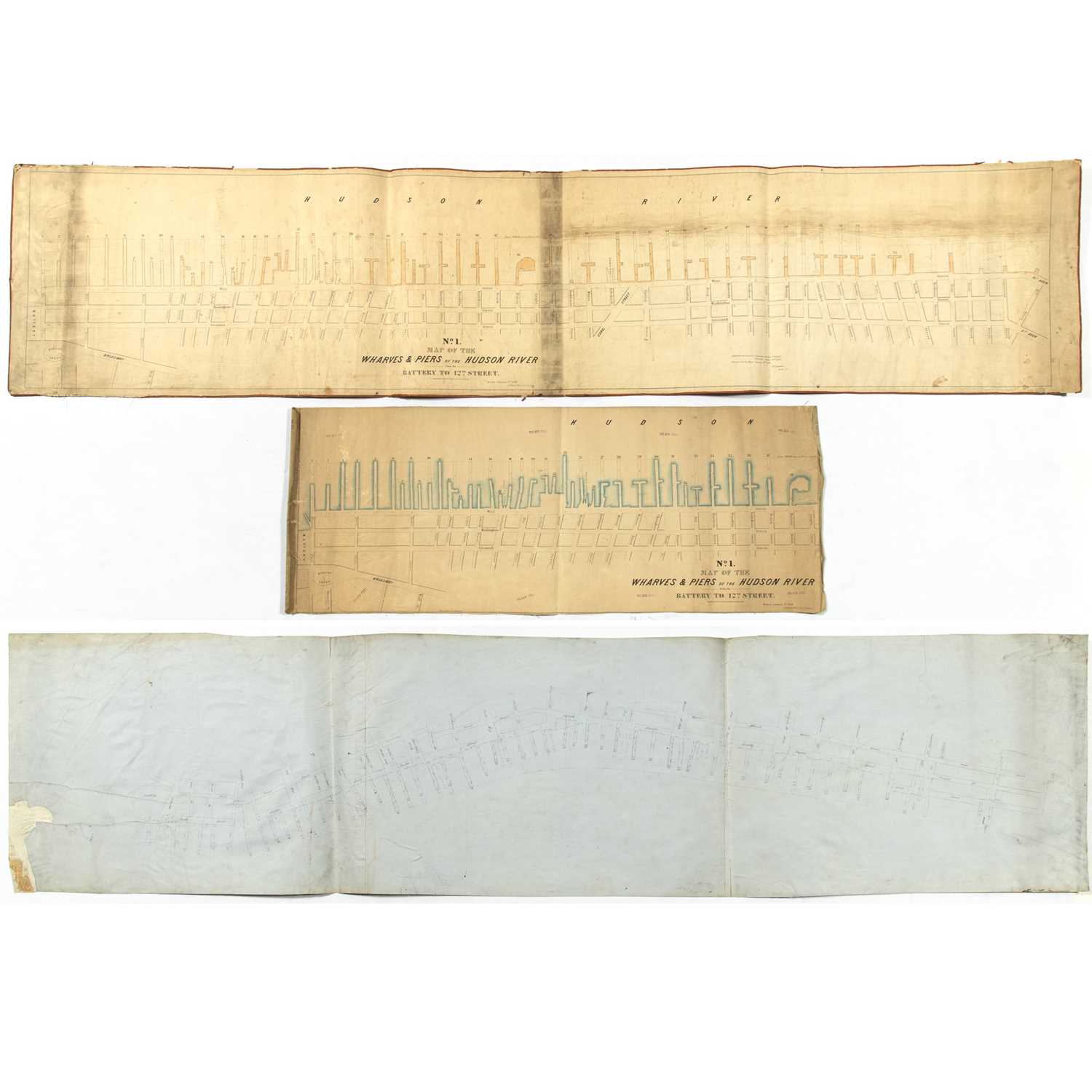 Folding maps depicting the Battery along the Hudson and the East River ...