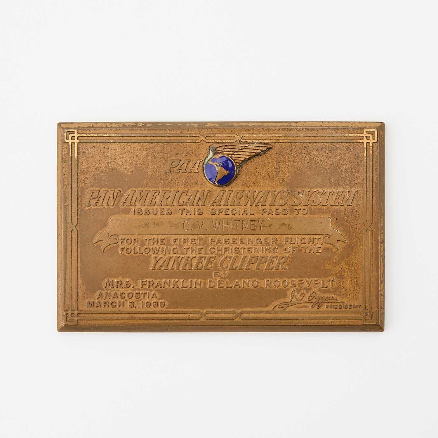 Engraved plaque from the dedication of the Yankee Clipper flying boat ...