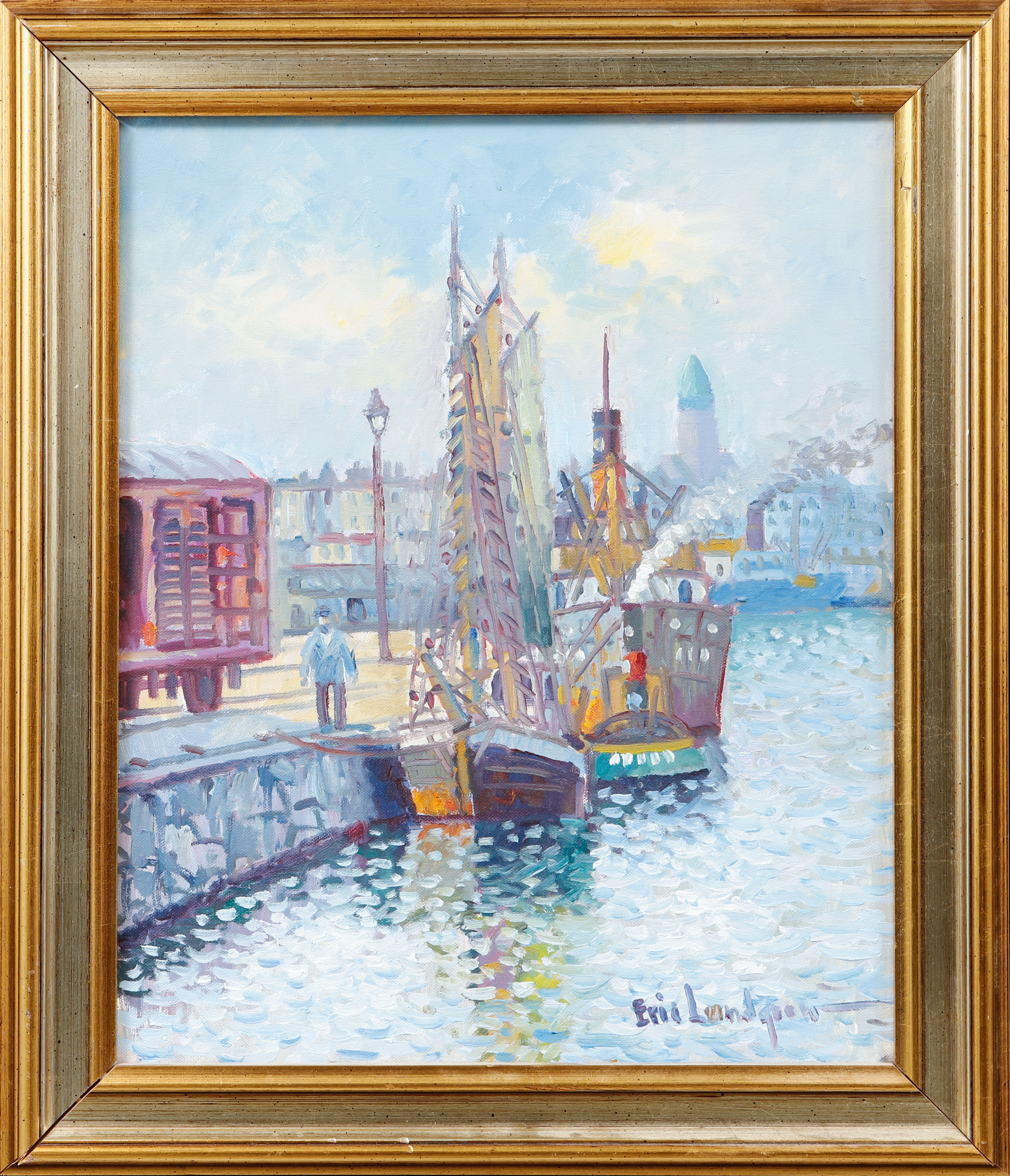 ERIC LUNDGREN. Göteborgs hamn, olja på duk, signerad. | Barnebys