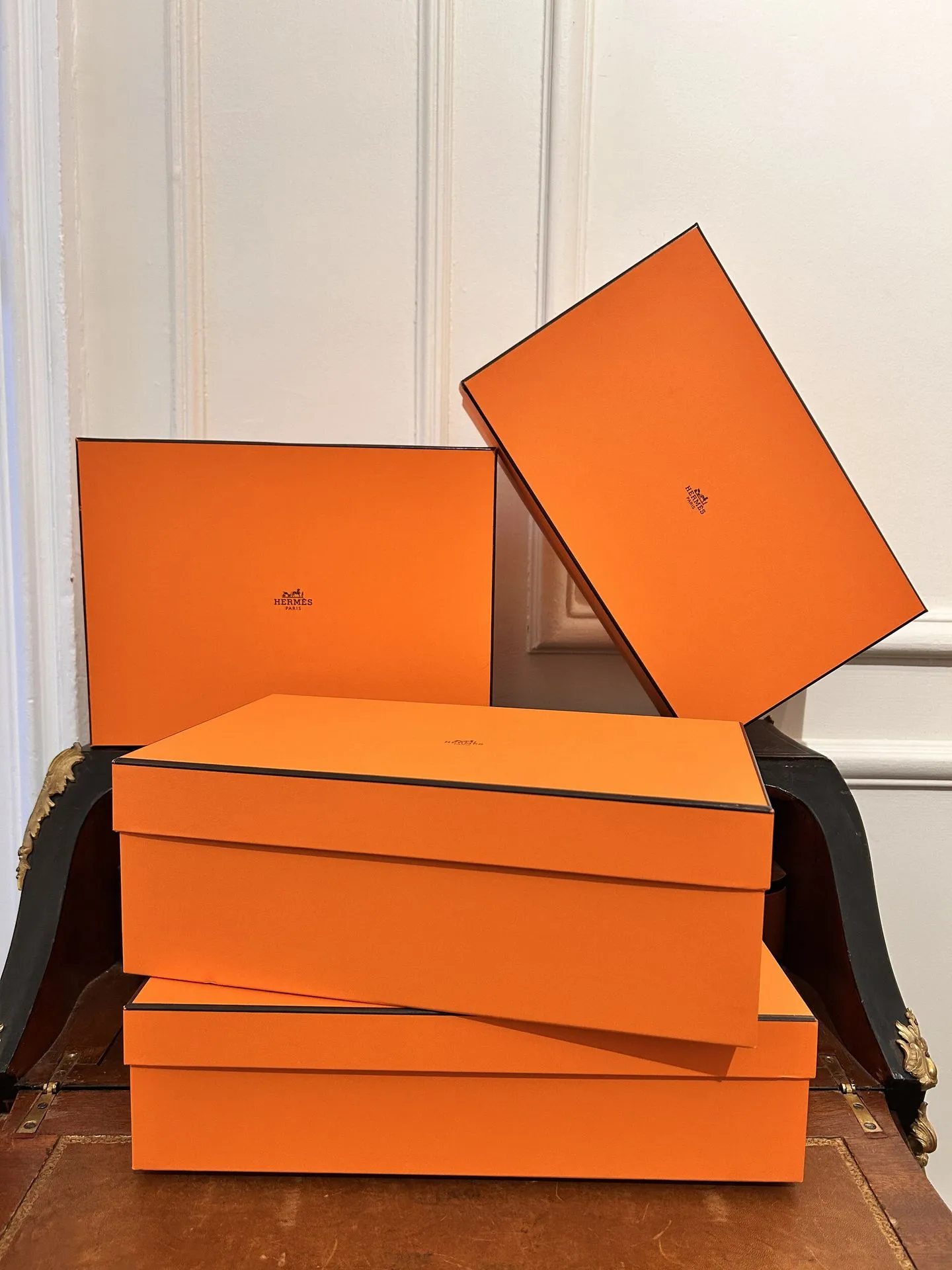HERMES PARIS 4 orange cardboard boxes. 23 x 38 cm and 25 x 33 cm and ...