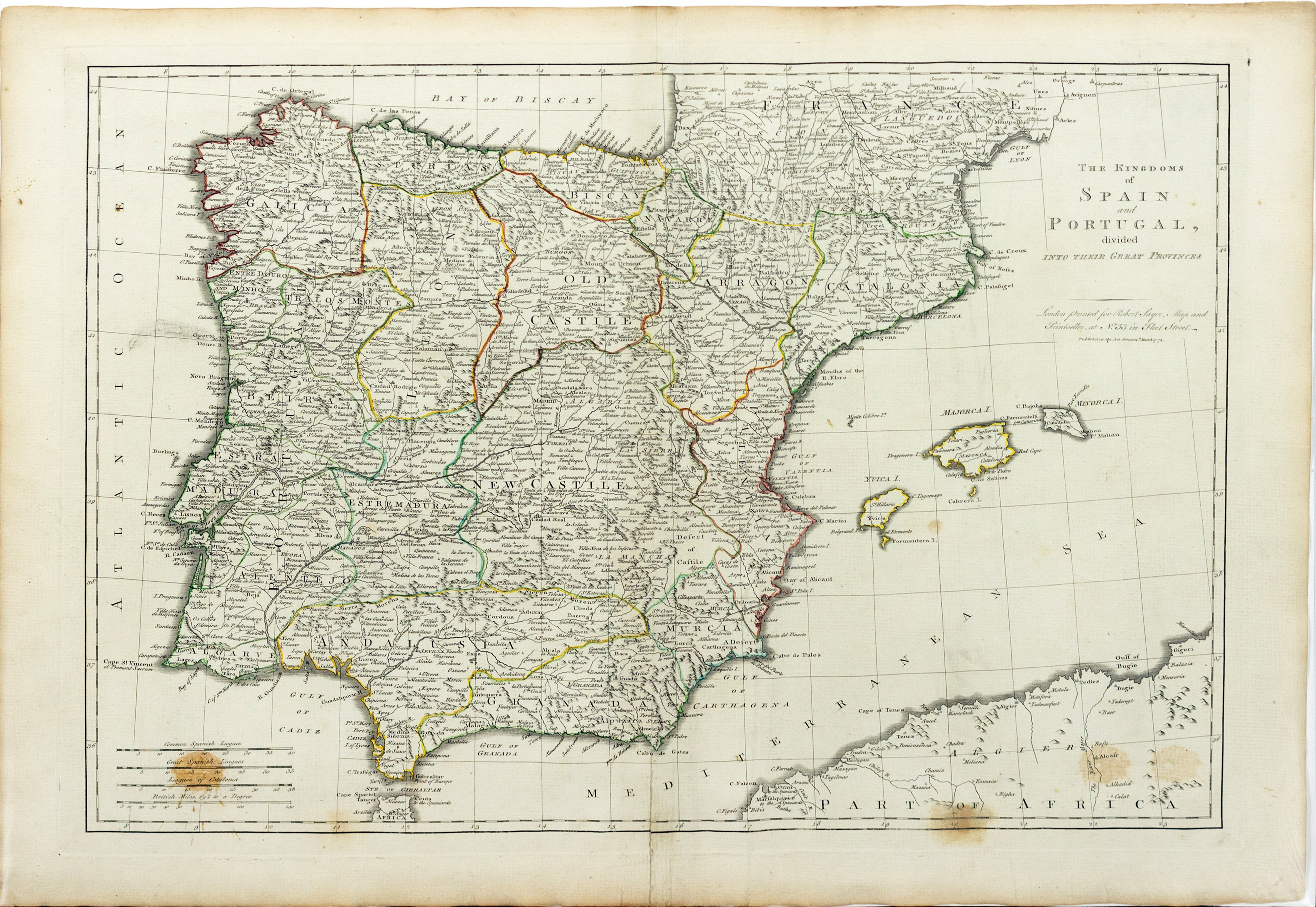Kitchin / Jefferys Map of the Kingdoms of Spain and Portugal | Barnebys