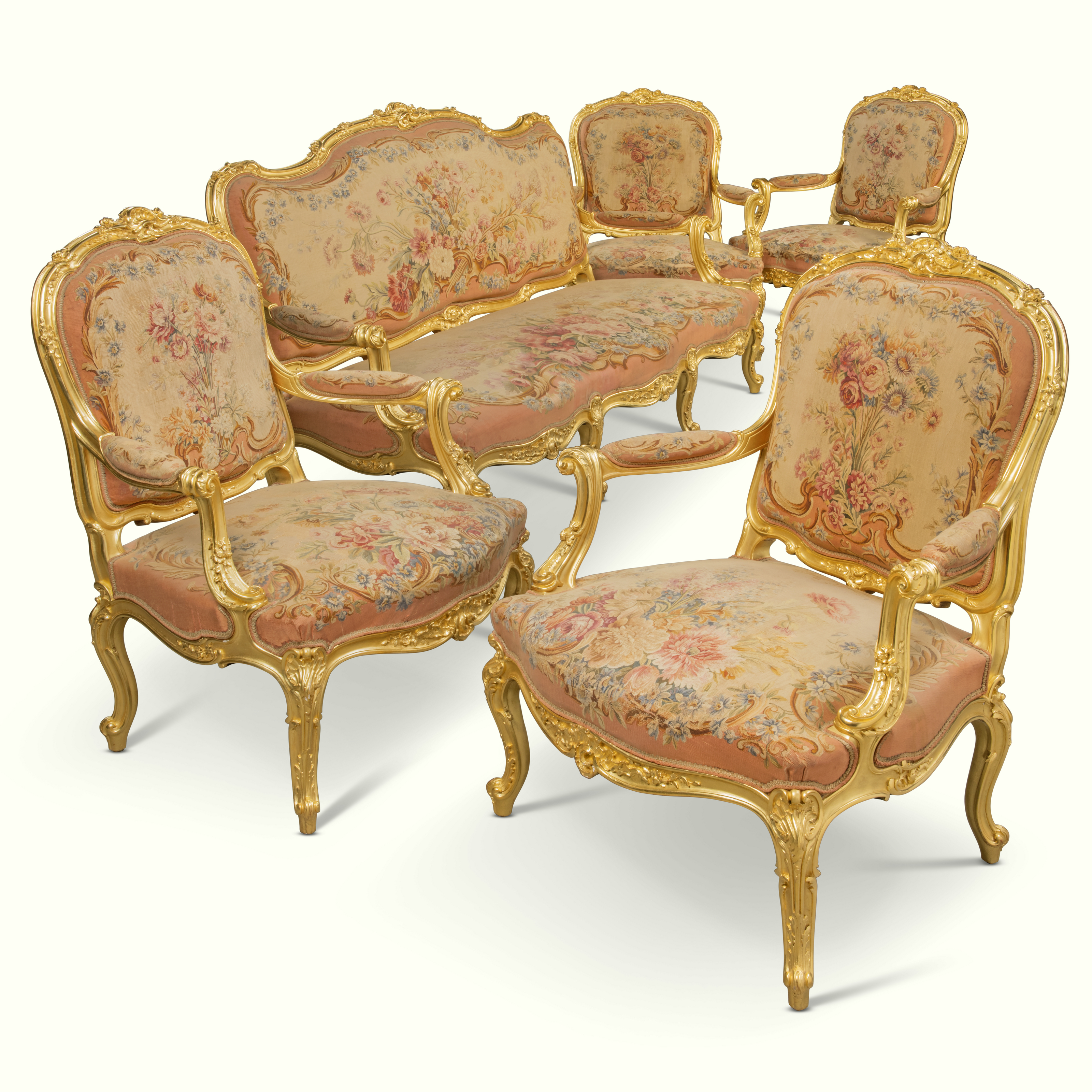 A LOUIS XV STYLE GILTWOOD AND AUBUSSON FIVE-PIECE SALON SUITE | Barnebys