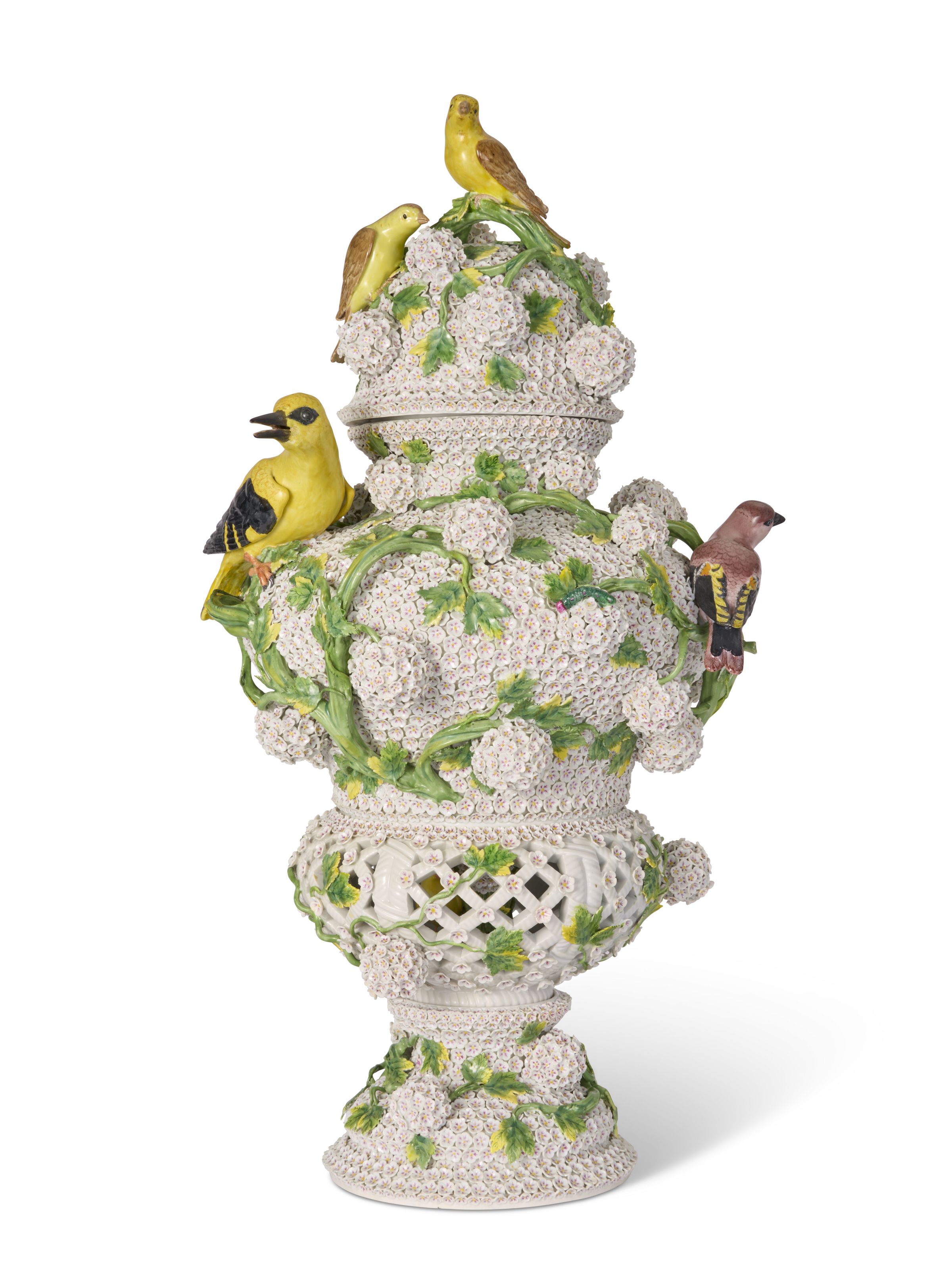A LARGE MEISSEN BALUSTER SCHNEEBALLEN CAGE-WORK VASE AND DOMED COVER ...