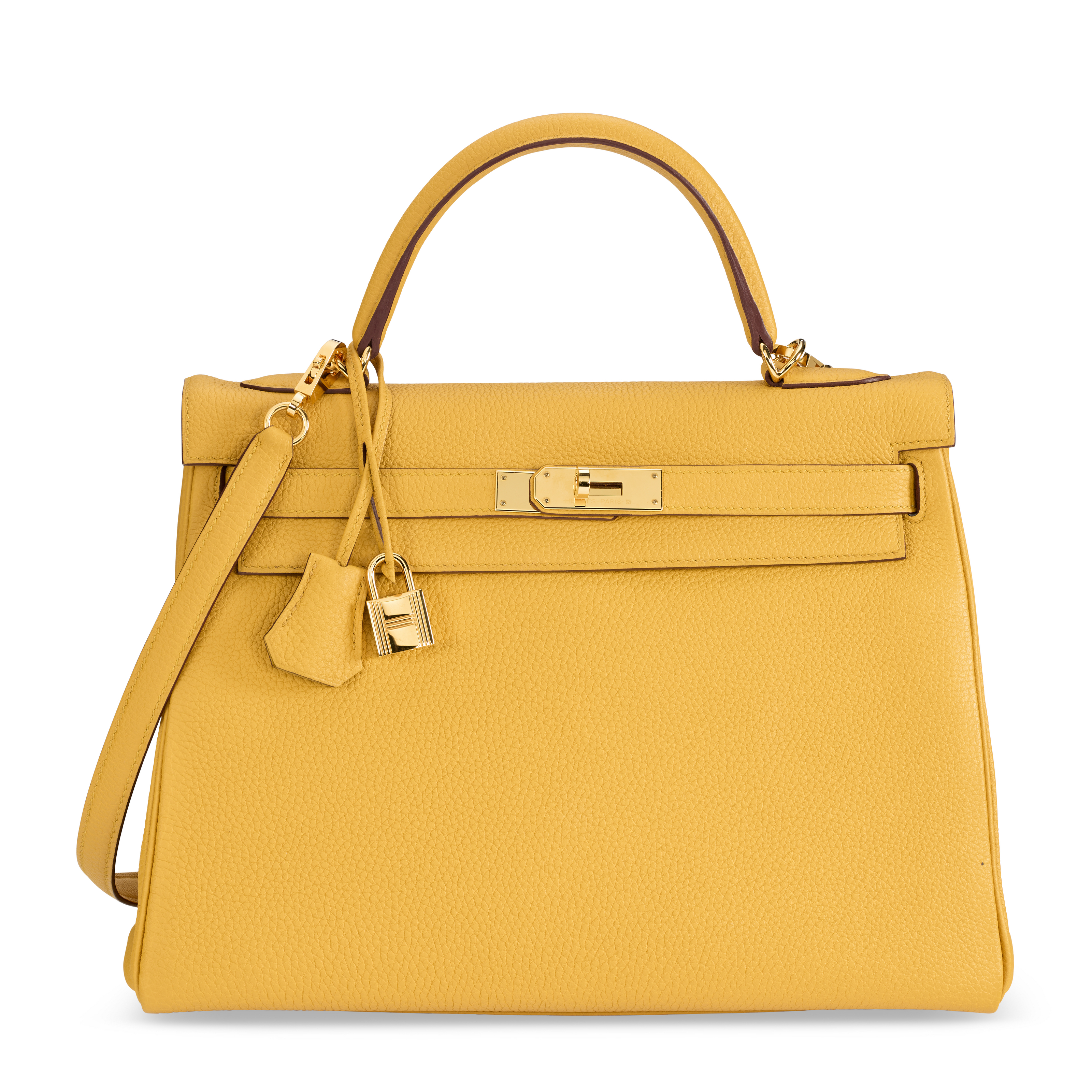 A JAUNE AMBRE TOGO LEATHER RETOURNÉ KELLY 32 WITH GOLD HARDWARE | Barnebys