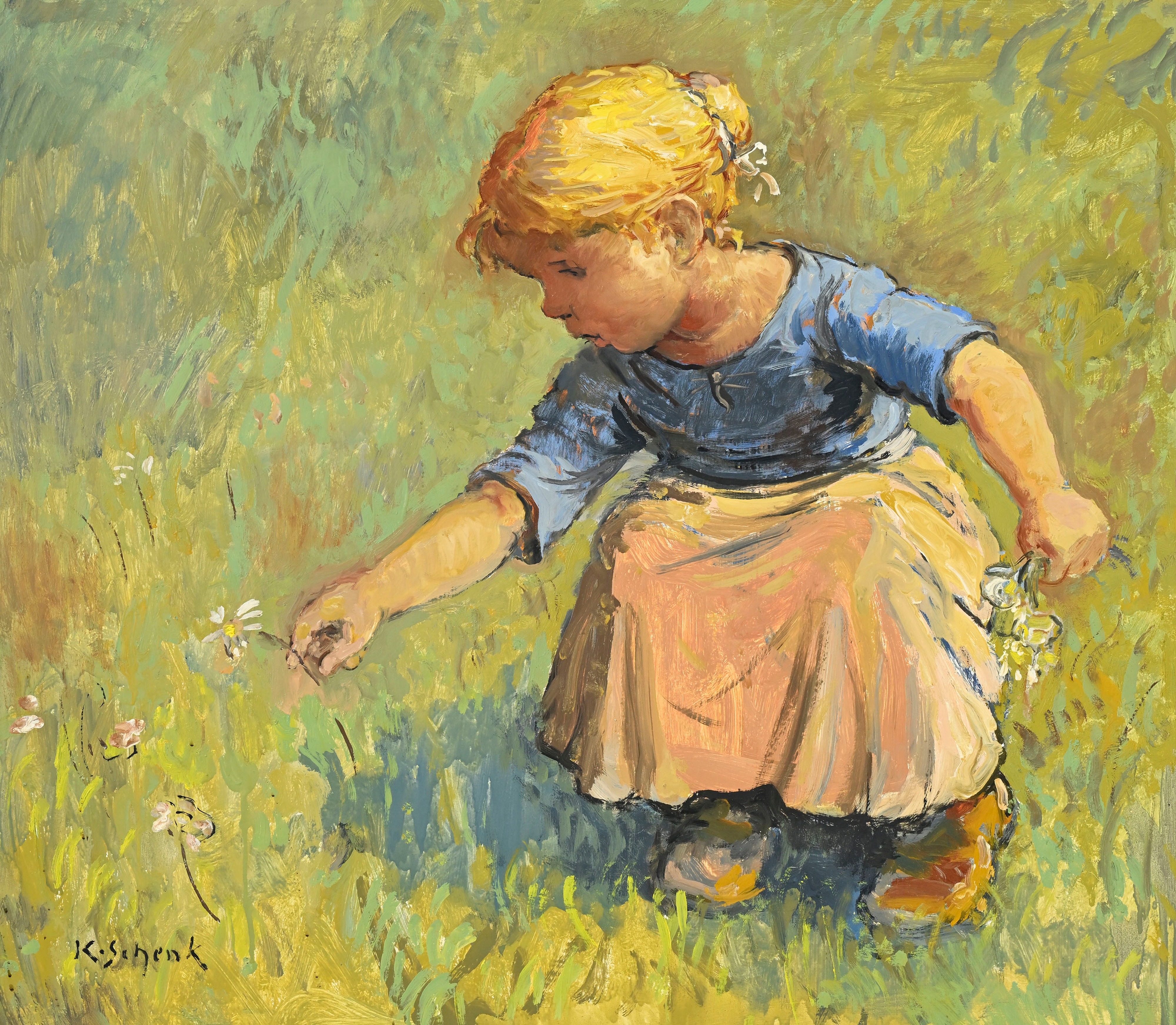 Karl Schenk (1905-1973), Fillette cueillant des fleurs, huile sur ...