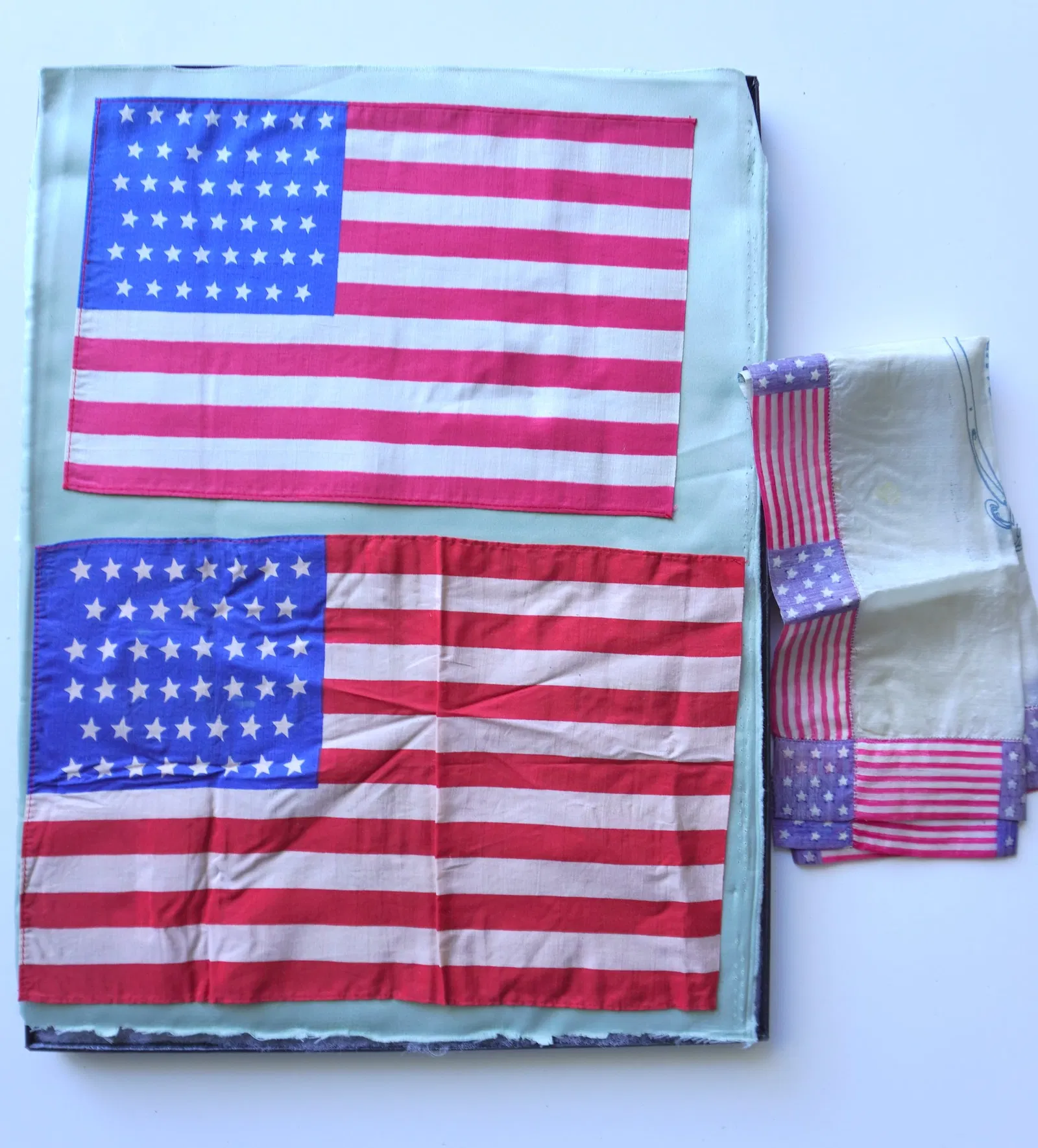 Grouping of 3 patriotic textiles/flags including: WWI Silk scarf marked ...