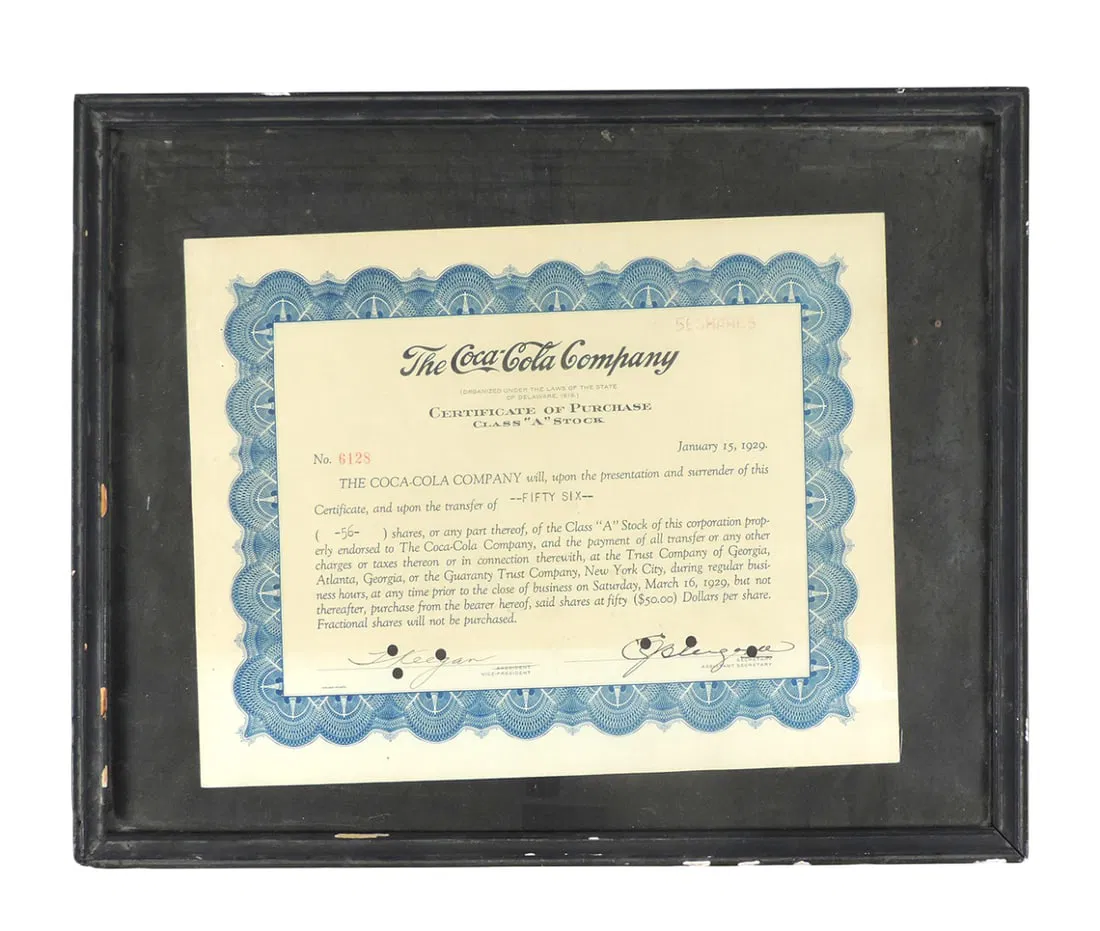 Cola-Cola Stock Certificate of Class "A" Stock, The Coca-Cola Company ...
