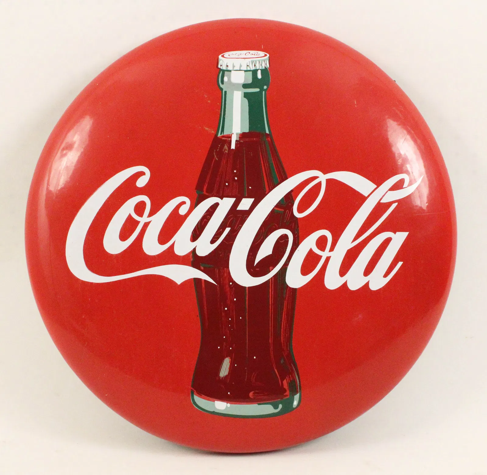 24" Coca Cola Bottle Button Sign, 1950's | Barnebys
